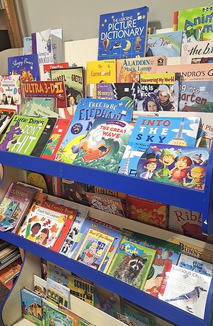 Children's books displayed like a literary buffet—each colorful cover promising adventures that don't require batteries or Wi-Fi.