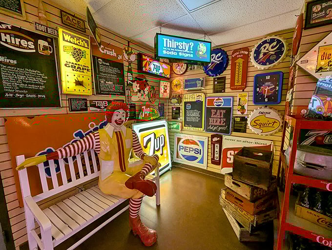 Ronald McDonald lounges casually on a bench, surrounded by vintage soda signs—a surreal break room for advertising icons on their day off.