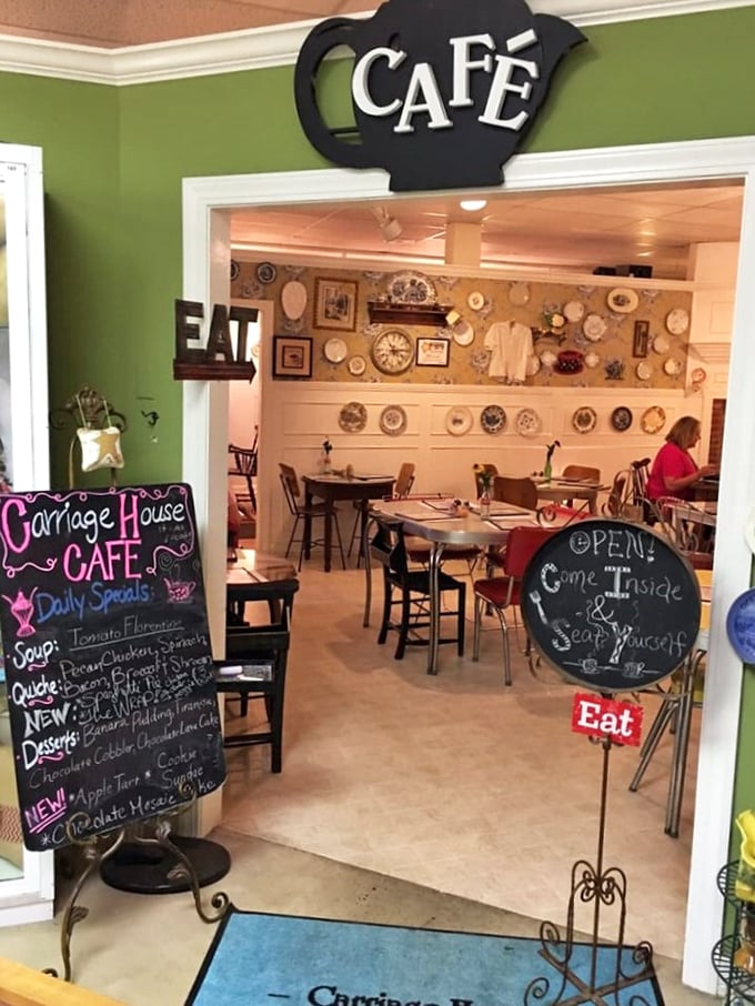 The cafe entrance announces itself with a teapot sign and chalkboard specials – a portal to comfort food that perfectly complements the antiquing experience.