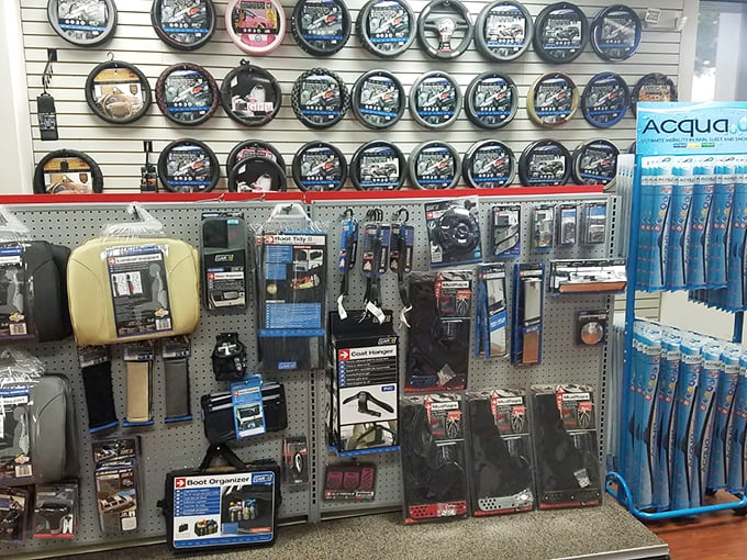 The wall of automotive accessories—where car enthusiasts find those obscure parts that make mechanics say, "How did you even find that?"