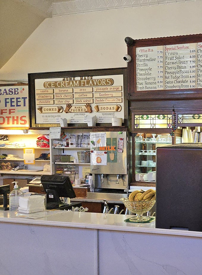 Handwritten ice cream flavors on display—proof that some things are too important to trust to digital technology.