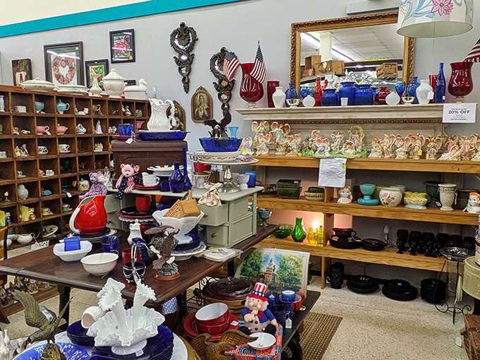 Ceramic treasures displayed like a grandmother's china cabinet exploded in the most delightful way possible.