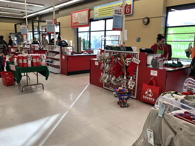 The final frontier of your thrifting adventure: checkout counters where victory is tallied in dollars saved. Holiday decorations stand ready for their seasonal comeback.