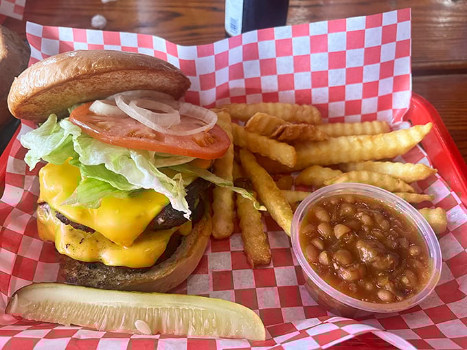 A cheeseburger that doesn't care it's in a barbecue joint. This confident stack knows exactly who it is and what it brings to the table.