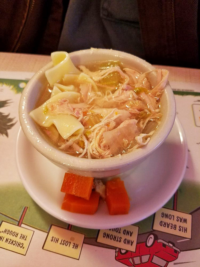 Homestyle chicken noodle soup that could cure anything from a cold to a broken heart. Those wide noodles are swimming in liquid gold. 