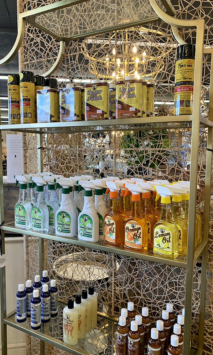 The cleaning products your grandmother swore by, displayed like potions in an apothecary. Orange oil and elbow grease—still the secret to furniture longevity.