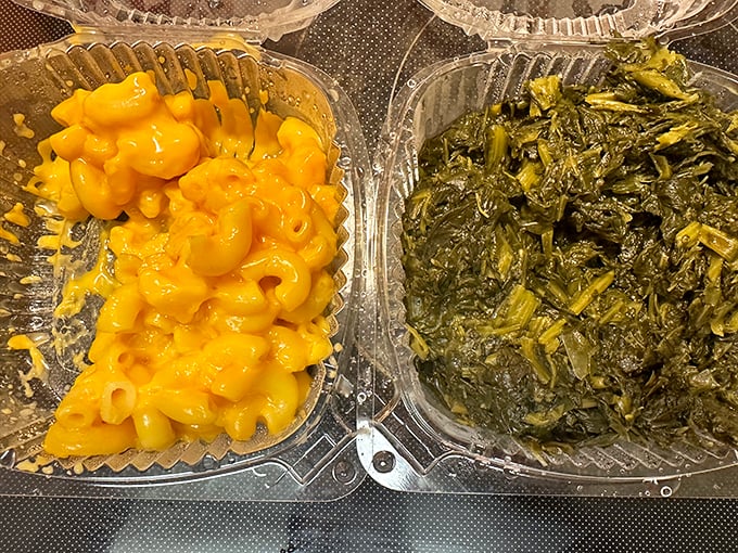 Mac & cheese that's unapologetically yellow sits beside collard greens cooked low and slow—a perfect harmony of indulgence and tradition.