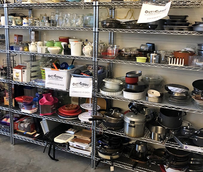 Kitchen gadget paradise where forgotten bread machines and barely-used pasta makers await their culinary resurrection in someone else's cooking adventures.