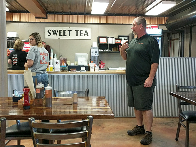 The counter where BBQ dreams come true, with sweet tea ready to wash down whatever smoky delight you've chosen.