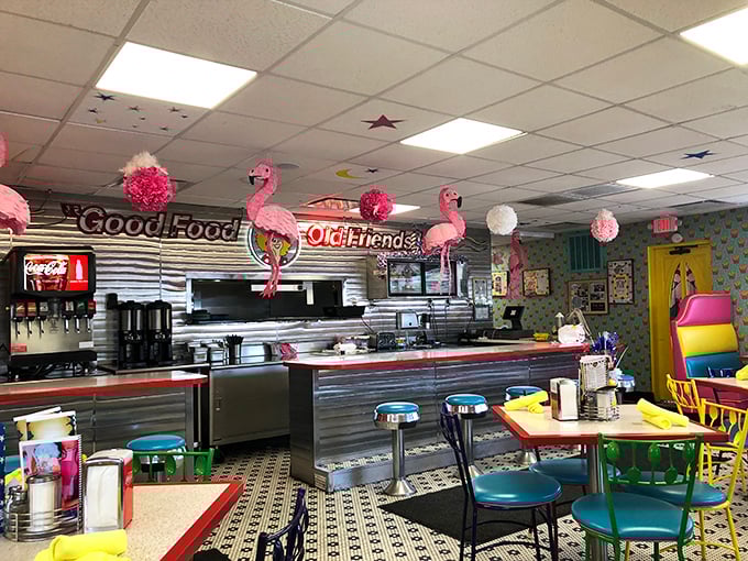 Pink flamingos watch over diners from the ceiling while "Fountain Favorites" promises good times ahead. It's like Miami Beach and a 1950s soda shop had a beautiful baby. 