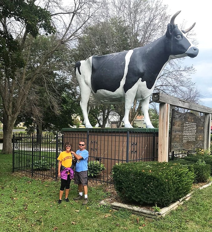 Visitors from near and far make the pilgrimage to Plymouth's bovine beacon. The smiles say it all – worth the detour!
