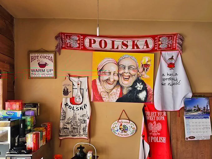 Polish pride adorns the walls with humor and heart—those laughing babcias (grandmothers) remind us that good food is always something to smile about.