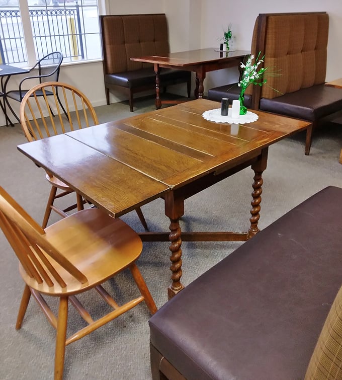 Simple wooden tables and brown booths create the perfect stage for the real star of the show—what's on your plate.