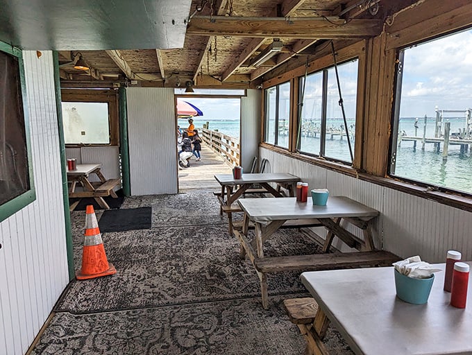 Dining with a view that makes you forget you're sitting at a picnic table. The Gulf of Mexico doesn't just provide the food—it's the entertainment.