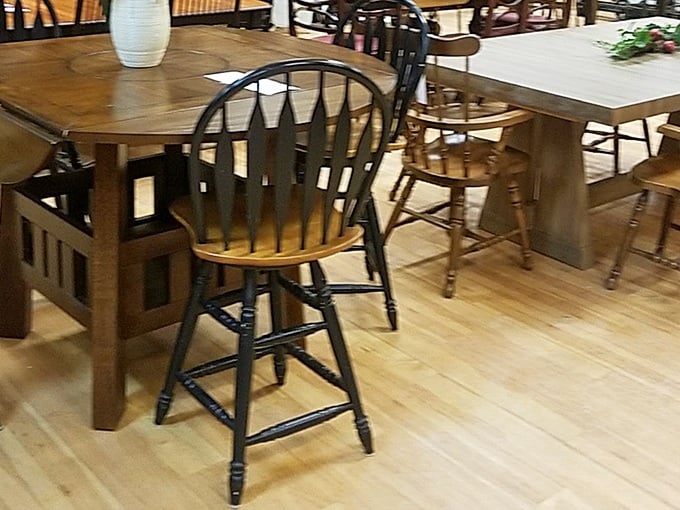 Dining chairs with character await your family gatherings. That black Windsor-style beauty would make even takeout pizza feel like a special occasion. 