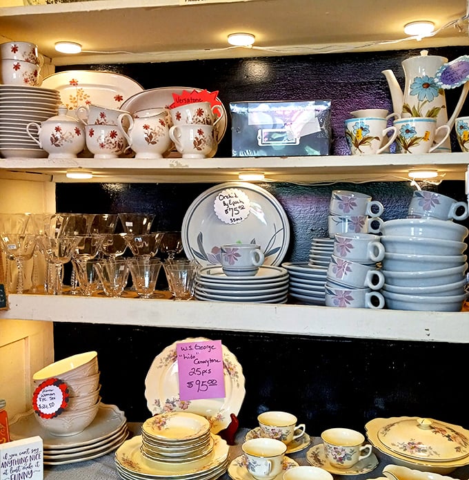 Mismatched china that somehow works perfectly together. These teacups have poured countless conversations—ready to host your next gathering.