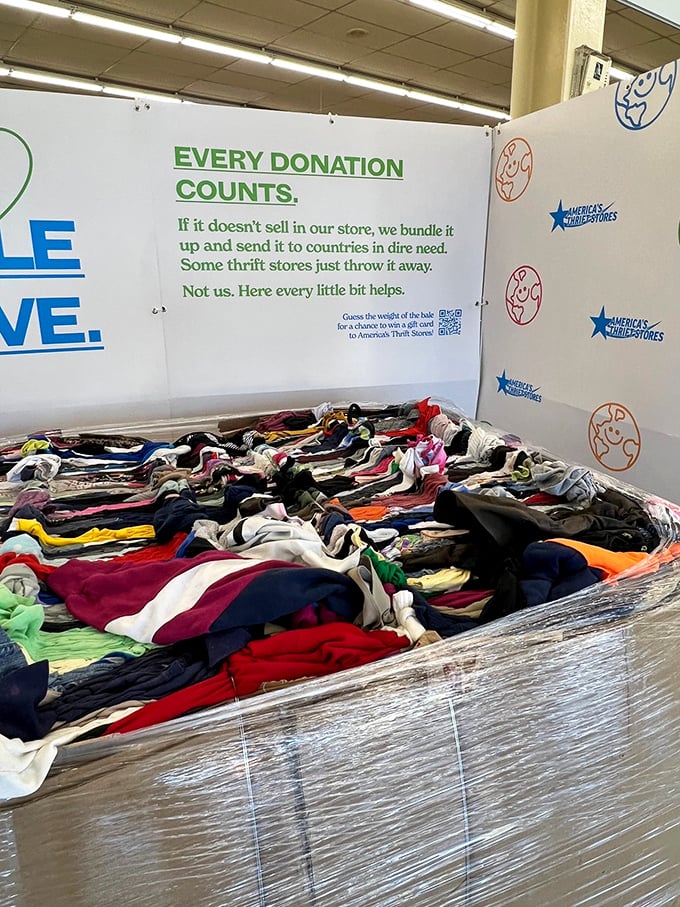 Every Donation Counts—a mountain of clothing awaits sorting, each piece a potential treasure for someone's wardrobe renaissance.
