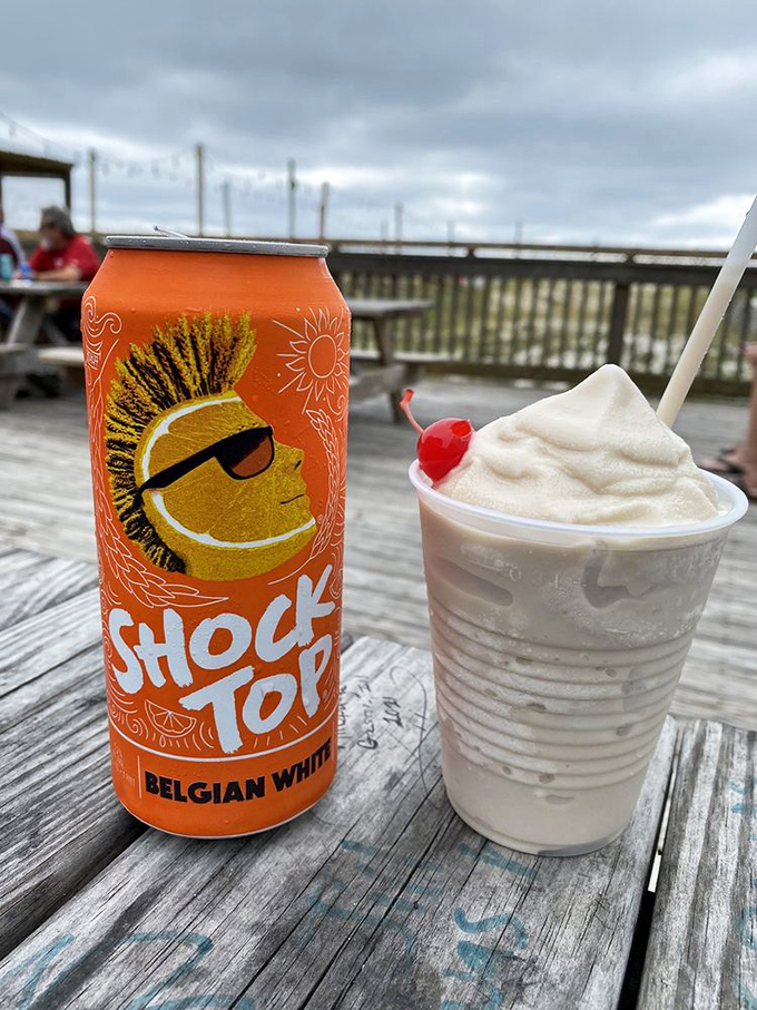 The infamous Bushwacker alongside a local brew – a pairing that's responsible for more vacation stories than anyone cares to admit.