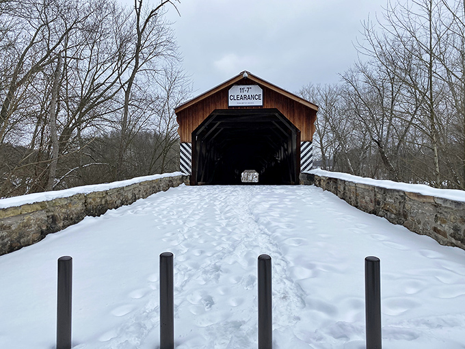 Winter's blanket of snow creates a magical pathway to this historic treasure, footprints telling tales of recent admirers.