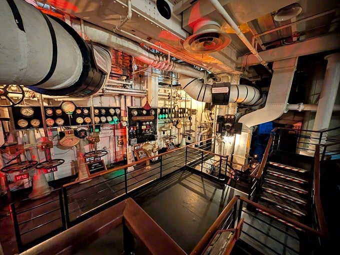 Deep in the Queen Mary's mechanical heart, the engine room's gauges and valves stand frozen in time—a steampunk fantasy come to life.