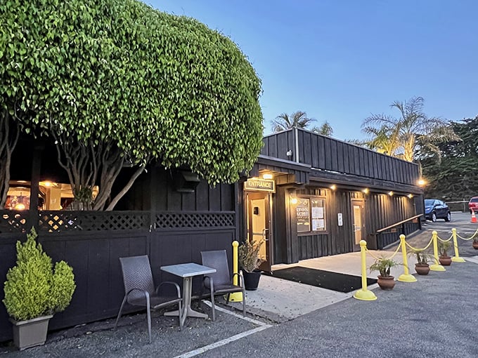 An entrance that feels like being welcomed to a friend's beach house. The lush greenery softens the building's edges, hinting at the fresh ingredients waiting inside.