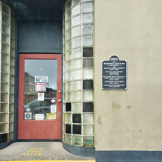 The entrance to the 1923 Morning Astorian Building—where yesterday's news became today's treasure trove of antiquing adventures.