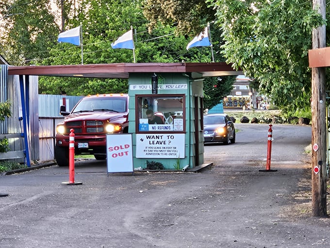 "If you leave, you left"—the exit booth philosophy that applies equally to drive-in movies and life's fleeting opportunities.