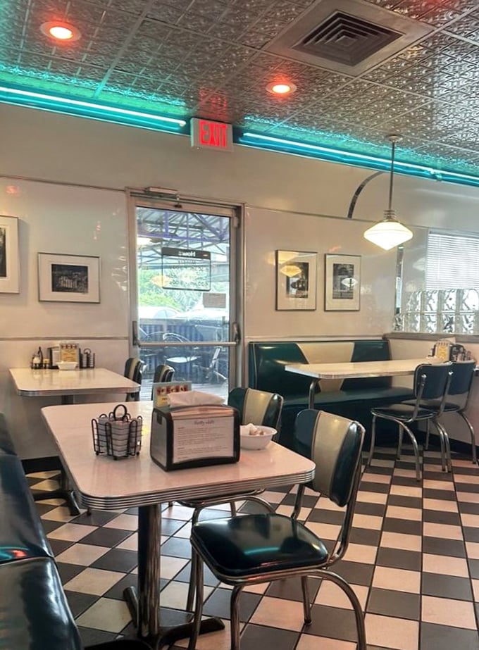 The interior's soft glow invites you to linger just a little longer. One more cup of coffee, one more slice of pie – why rush?