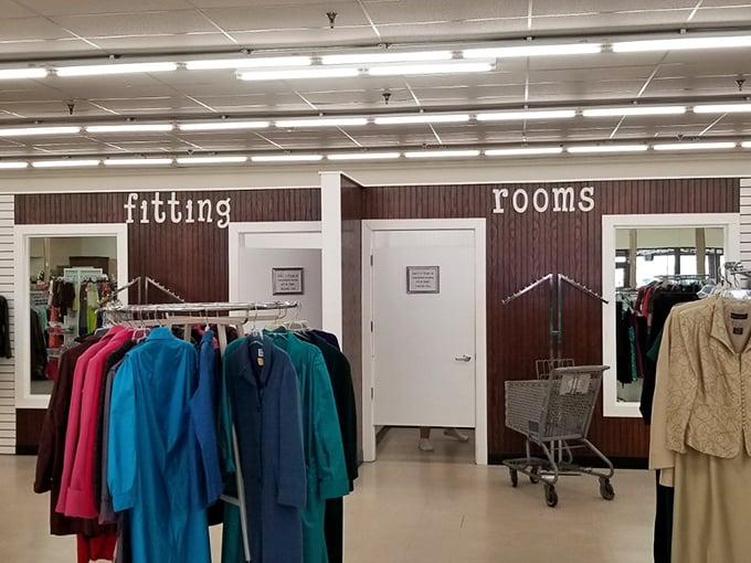 Fitting rooms that bring a touch of department store dignity to the thrifting experience. No more parking lot outfit changes!