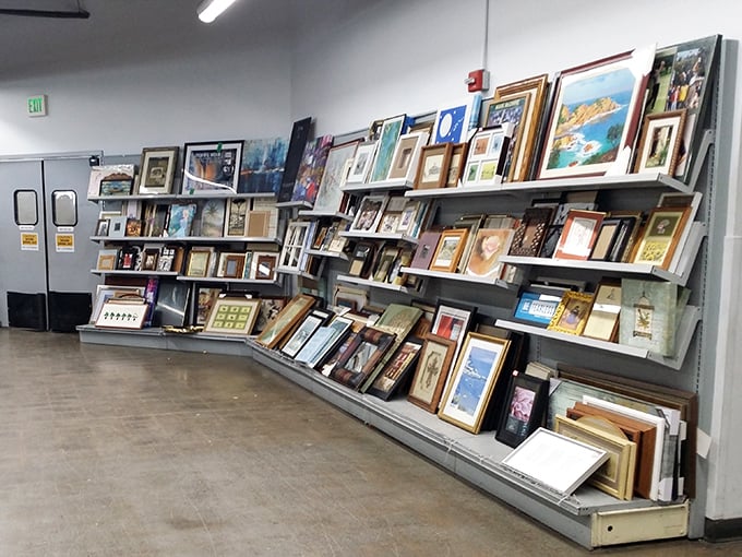 Wall art galore – from inspirational quotes to forgotten landscapes. Someone's discarded family portrait could become your ironic conversation starter or genuine treasure.
