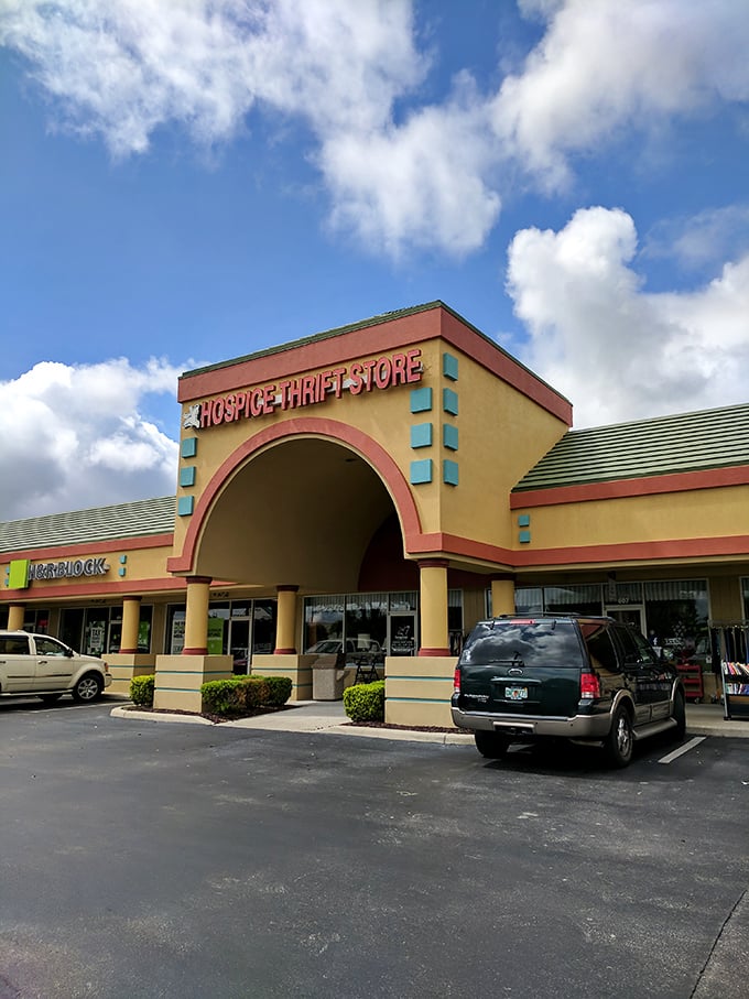 Even on cloudy days, the cheerful storefront stands out like a beacon of bargain hope in the shopping center landscape.