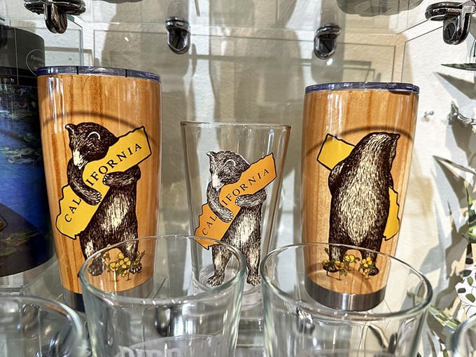 The gift shop's California-themed drinkware lets you take a bear hug of state pride home – practical souvenirs with personality.