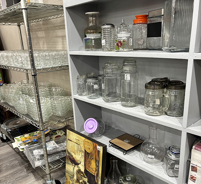 Mason jars, vases, and glassware stand in neat formation – soldiers of sustainability ready to march into your kitchen and serve with distinction.