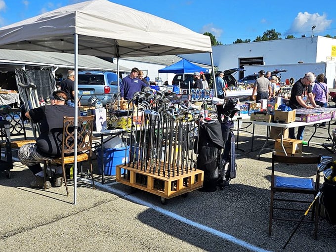 Golf clubs standing at attention, ready to improve someone's game or at least their garage décor.