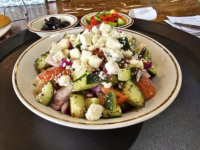 A Greek salad that's a festival of freshness—crisp vegetables and feta cheese playing together in perfect harmony.