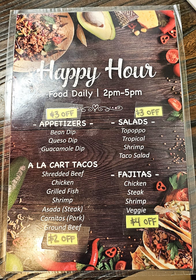 The happy hour menu—where wallet-friendly prices meet mouthwatering options. Afternoon delight takes on a whole new meaning.
