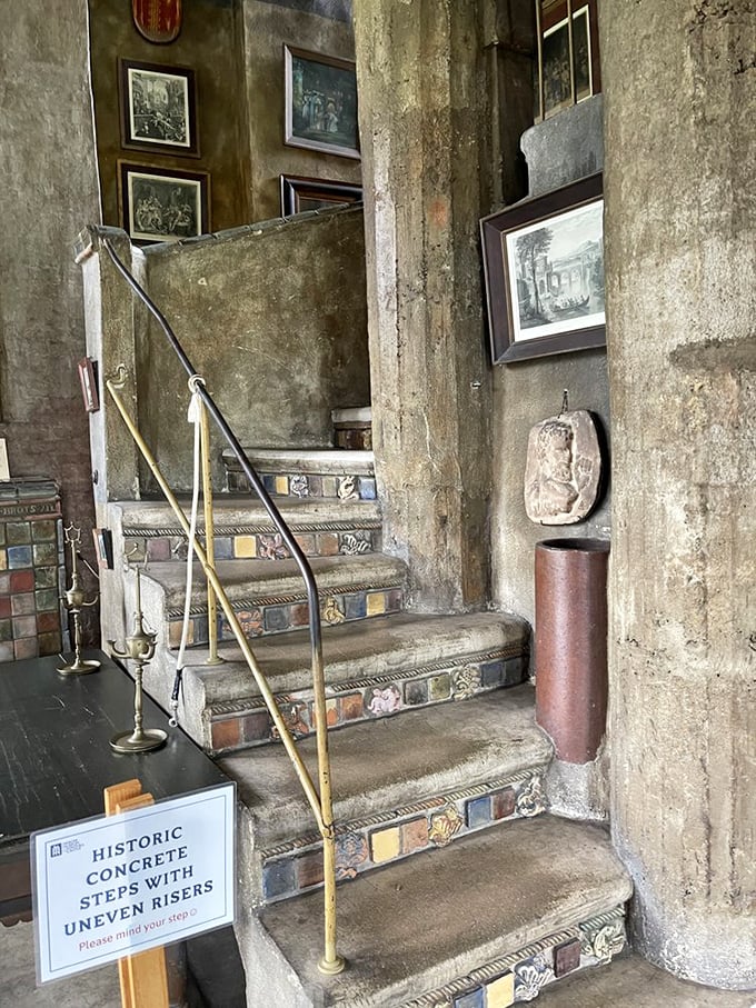 These whimsical stairs, embedded with colorful tiles, remind visitors to watch their step while ascending through history's uneven timeline.