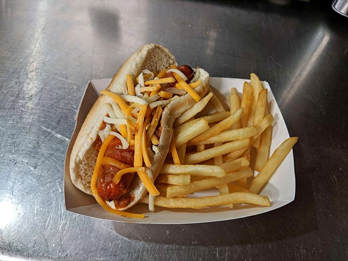 The hot dog—America's humble hero—dressed simply with cheese and nestled beside golden fries. No pretension, just delicious nostalgia on a bun.