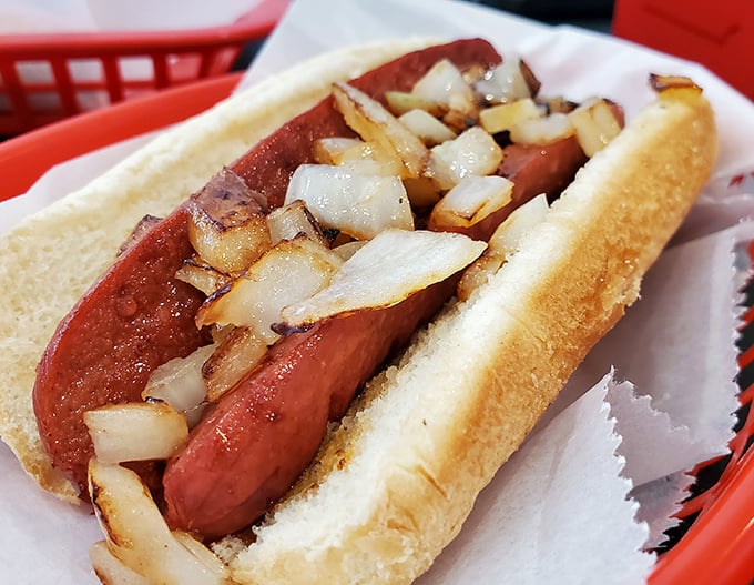 The humble hot dog, elevated to art form. Grilled to snap-perfect perfection and topped with caramelized onions that sing in harmony.