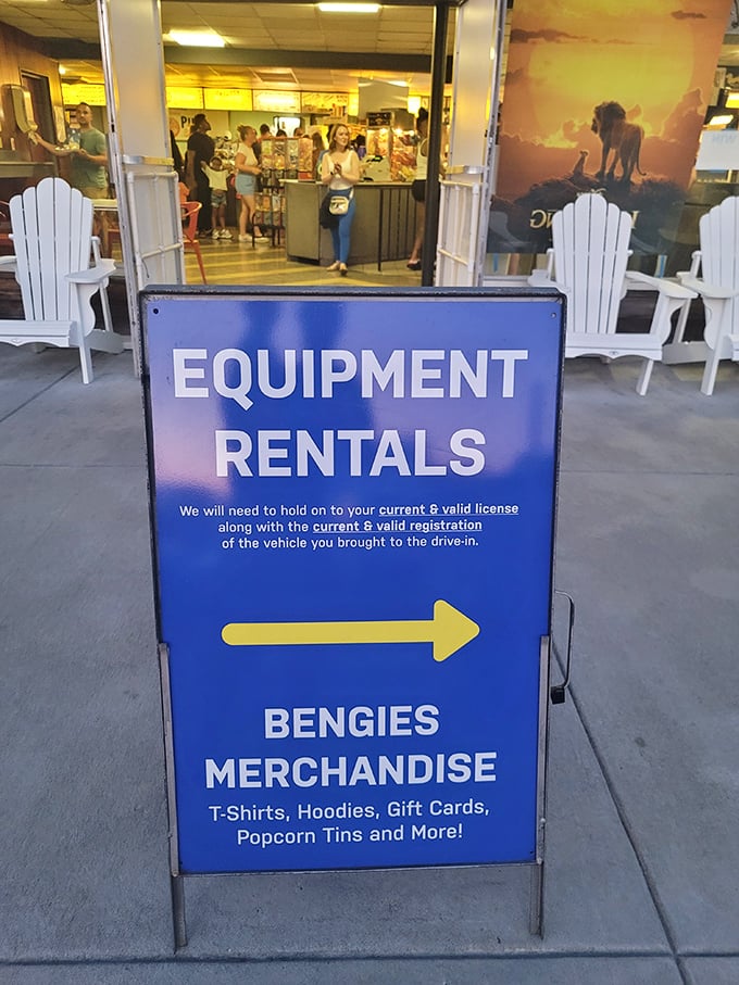 The equipment rental sign—because some traditions require proper tools, and Bengies ensures you're properly equipped for the experience.