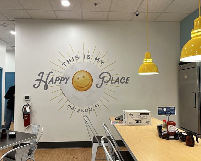This is my happy place isn't subtle messaging, but they're not wrong. That sunny egg logo is basically the breakfast equivalent of a motivational poster.