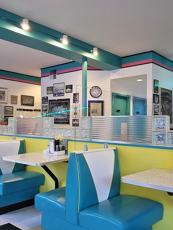 Yellow walls and turquoise accents create the perfect backdrop for breakfast conversations. This isn't decoration—it's time travel.
