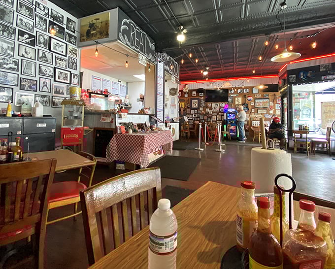 The dining room feels like your coolest friend's basement—if that friend happened to be a barbecue savant with excellent taste in memorabilia.