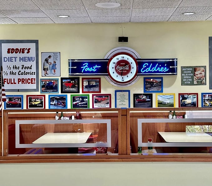 That neon clock isn't just telling time—it's reminding you that at Fast Eddie's, some things thankfully never change, including the quality of the food.
