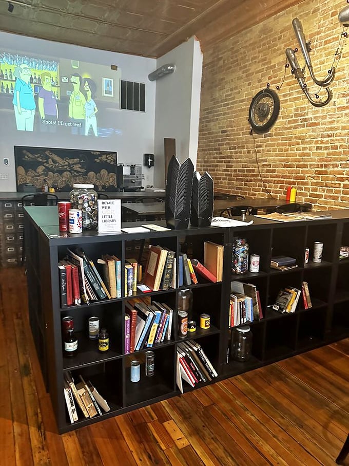 A bookshelf that says, "Stay awhile, read something." Because great burgers deserve thoughtful companions – both human and literary.