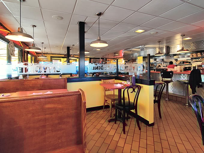 The dining room's warm colors and no-nonsense layout say, "Come in, sit down, and prepare for deliciousness."