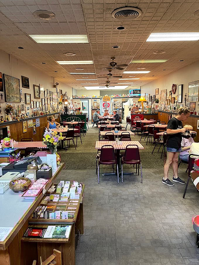 The diner's layout invites both solitary newspaper readers and family gatherings, with enough space between tables for privacy but not anonymity.