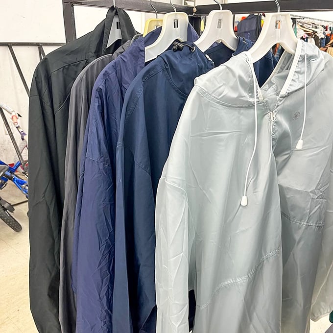 The lightweight jacket collection stands ready for Georgia's famously fickle spring weather—because paying retail for something you'll wear three weeks a year feels ridiculous.