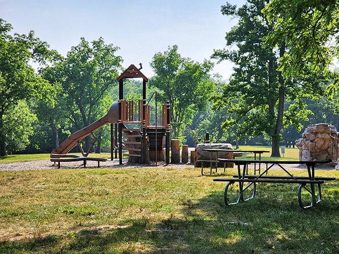 The playground stands ready for childhood memories in the making. Parents' camera rolls will be full by sundown.