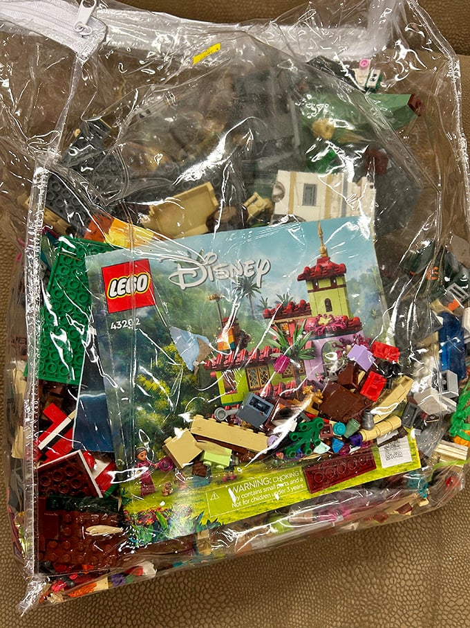 LEGO sets find second lives in clear bags—childhood imagination packaged and priced for a fraction of retail.